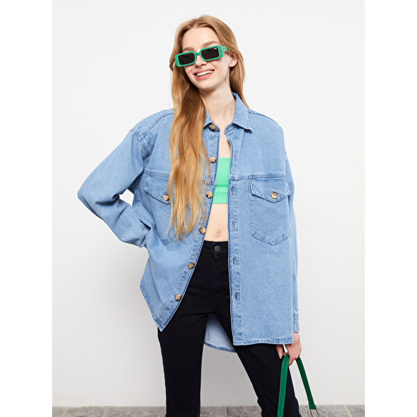 Önden Düğme Kapamalı Düz Uzun Kollu Kadın Jean Gömlek