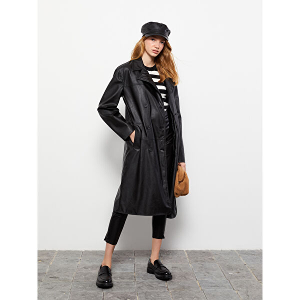 Ceket Yaka Düz Uzun Kollu Kadın Deri Görünümlü Mont