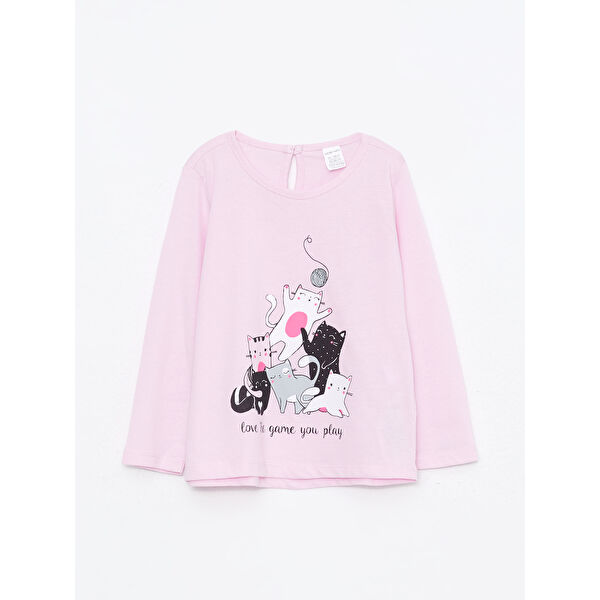 Bisiklet Yaka Uzun Kol Baskılı Pamuklu Kız Bebek Tişört