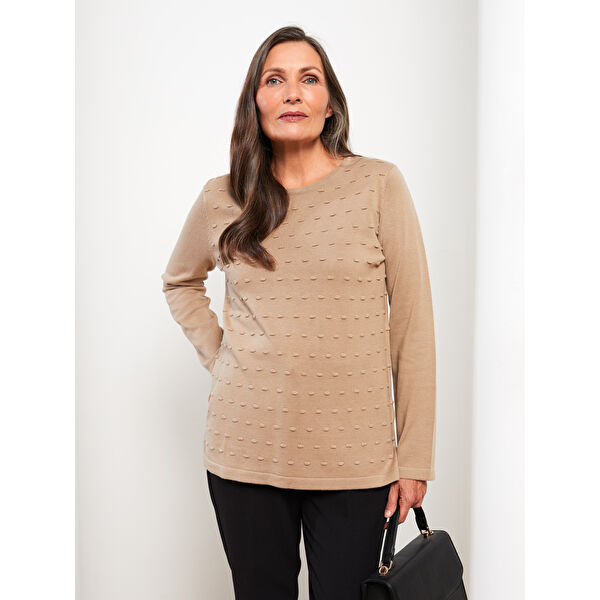 Bisiklet Yaka Kendinden Desenli Uzun Kollu Kadın Triko Kazak