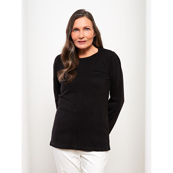 Bisiklet Yaka Kendinden Desenli Uzun Kollu Kadın Triko Kazak Bisiklet Yaka Kendinden Desenli Uzun Kollu Kadın Triko Kazak