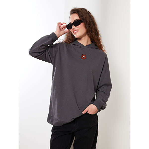 Kapüşonlu Nakışlı Uzun Kollu Oversize Kadın Tunik