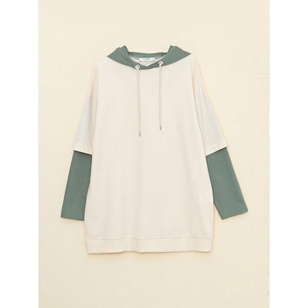 Kapüşonlu Renk Bloklu Uzun Kollu Oversize Kadın Tunik