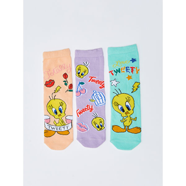 Tweety Desenli Kız Çocuk Soket Çorap 3'lü