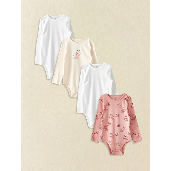 Bisiklet Yaka Uzun Kollu Organik Pamuklu Kız Bebek Çıtçıtlı Body 4'lü