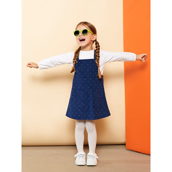 Kare Yaka Baskılı Kız Bebek Salopet Elbise ve Külotlu Çorap 2'li Takım