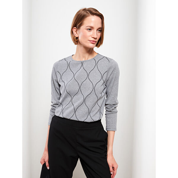 Bisiklet Yaka Desenli Uzun Kollu Kadın Tişört