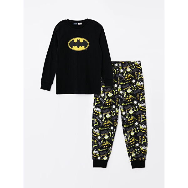Bisiklet Yaka Batman Baskılı Uzun Kollu Erkek Çocuk Pijama Takımı