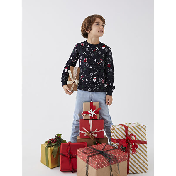 Bisiklet Yaka Yılbaşı Temalı Uzun Kollu Erkek Çocuk Triko Kazak