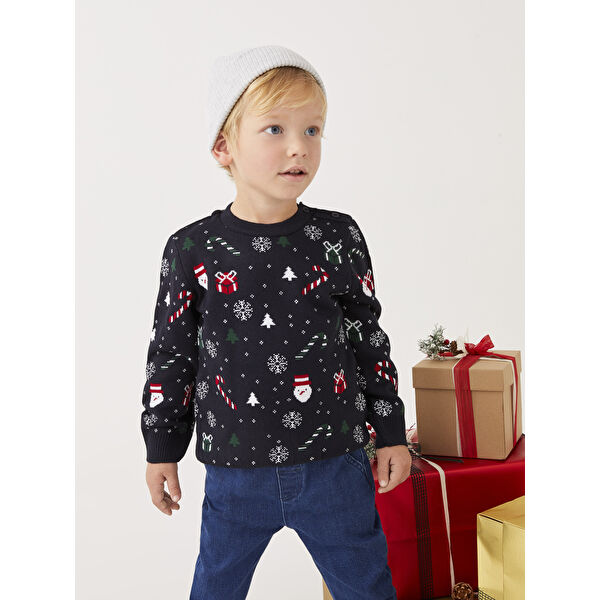 Bisiklet Yaka Uzun Kollu Yılbaşı Temalı Erkek Bebek Triko Kazak