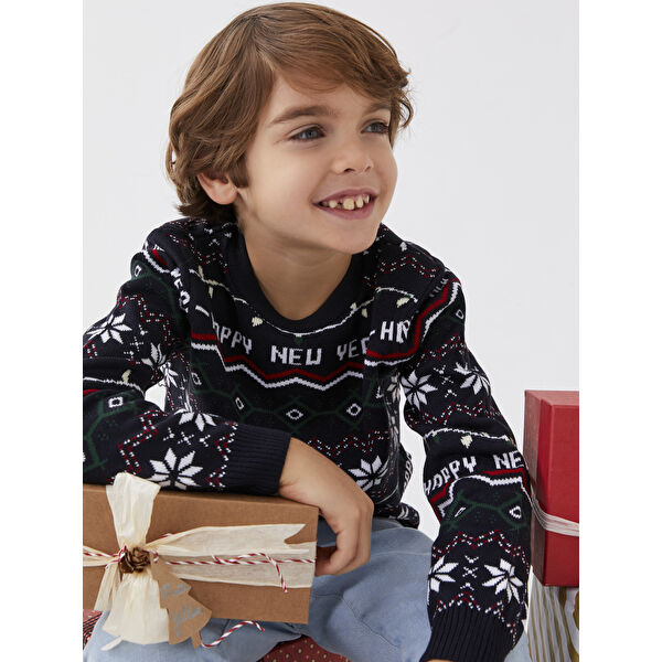 Bisiklet Yaka Yılbaşı Temalı Uzun Kollu Erkek Çocuk Triko Kazak