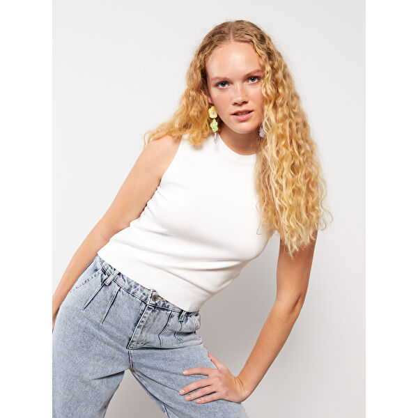 Bisiklet Yaka Düz Kolsuz Kadın Triko Kazak