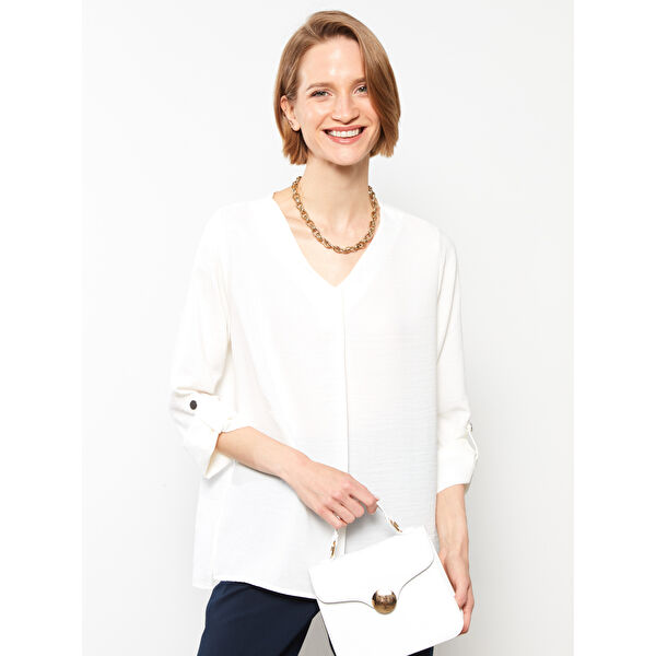 V Yaka Düz Uzun Kollu Aerobin Kadın Bluz