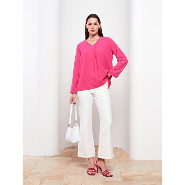 V Yaka Düz Uzun Kollu Aerobin Kadın Bluz