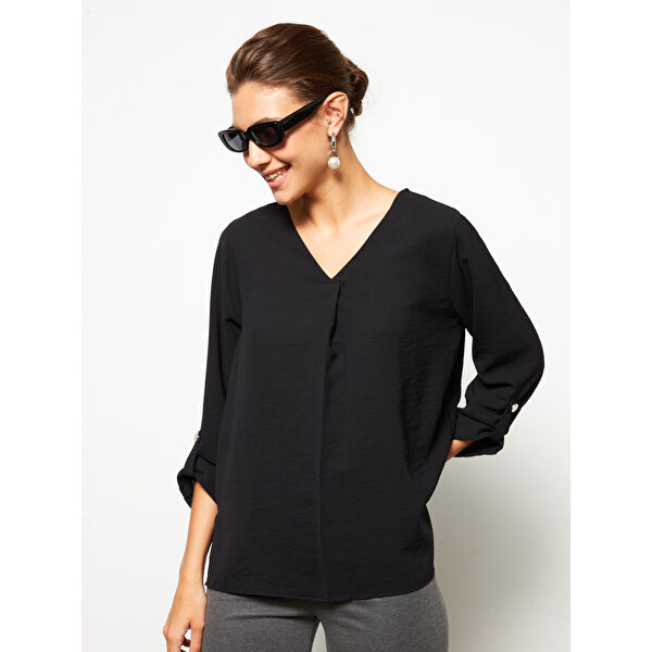 V Yaka Düz Uzun Kollu Aerobin Kadın Bluz