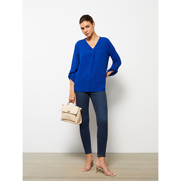 V Yaka Düz Uzun Kollu Aerobin Kadın Bluz