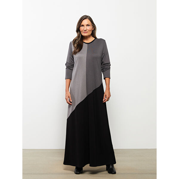 Bisiklet Yaka Renk Bloklu Uzun Kollu Kadın Elbise