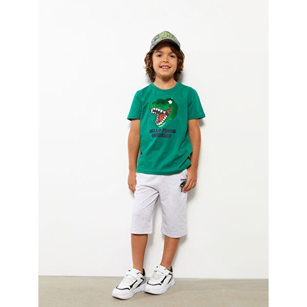 Bisiklet Yaka Baskılı Çift Yönlü Payetli Kısa Kollu Pamuklu Erkek Çocuk Tişört