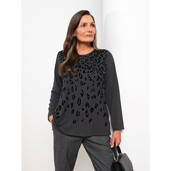 Bisiklet Yaka Desenli Uzun Kollu Kadın Bluz