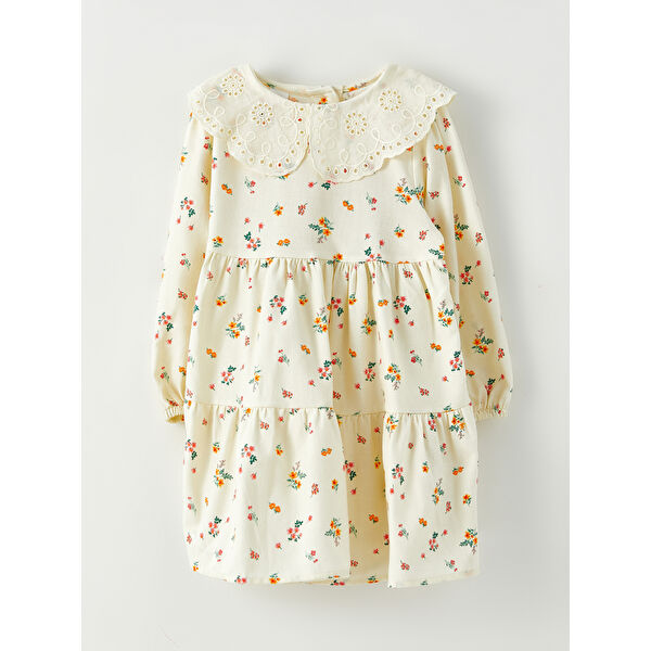 Bebe Yaka Uzun Kollu Baskılı Pamuklu Kız Bebek Elbise