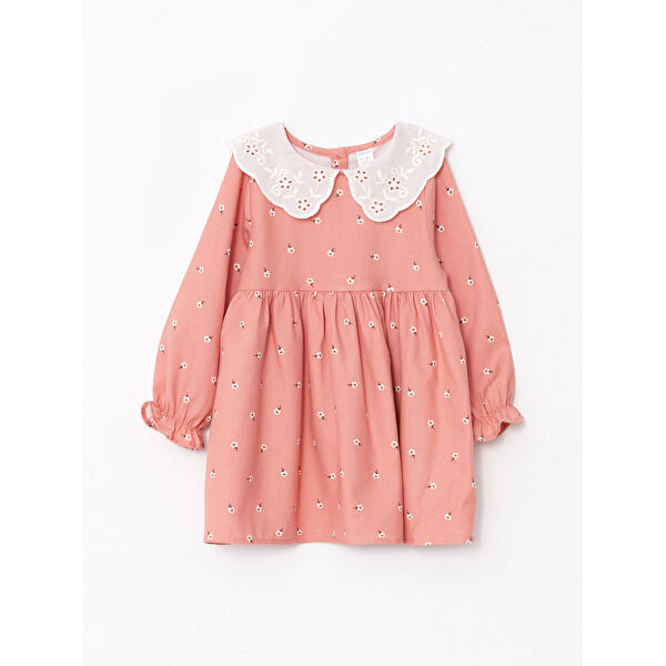 Bebe Yaka Uzun Kollu Baskılı Kız Bebek Elbise