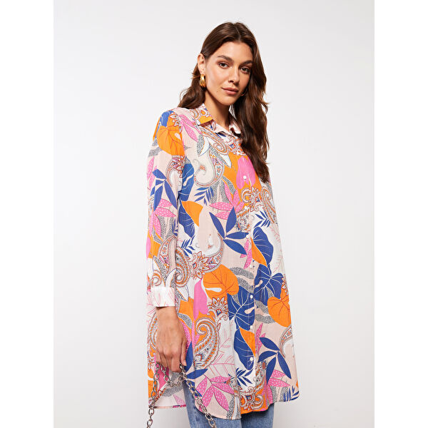 Gömlek Yaka Desenli Uzun Kollu Poplin Kadın Tunik