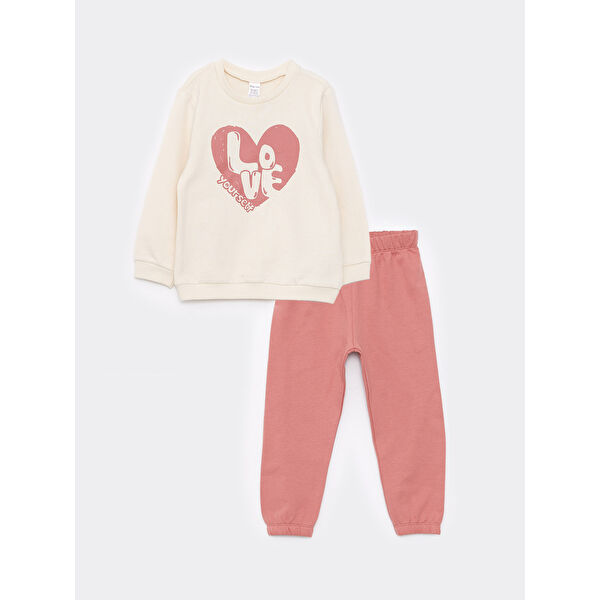 Bisiklet Yaka Uzun Kollu Baskılı Kız Bebek Sweatshirt ve Pantolon 2'li Takım