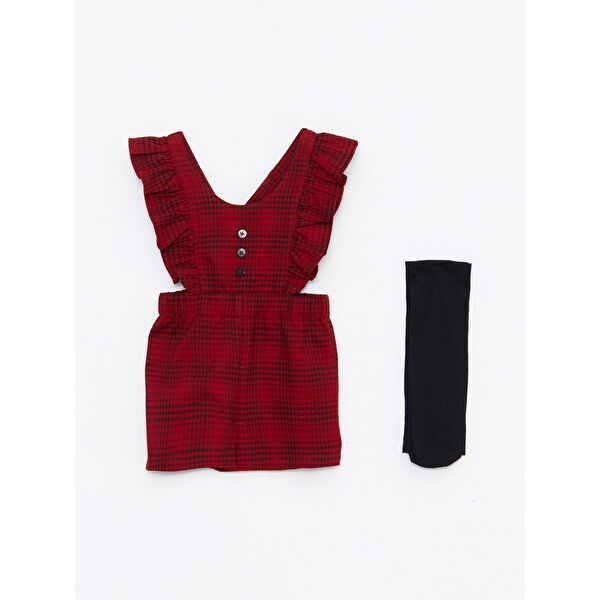 U Yaka Ekose Desenli Kız Bebek Salopet Elbise ve Külotlu Çorap 2'li