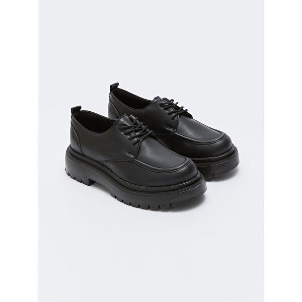 Deri Görünümlü Bağcıklı Kadın Klasik Loafer Ayakkabı Deri Görünümlü Bağcıklı Kadın Klasik Loafer Ayakkabı