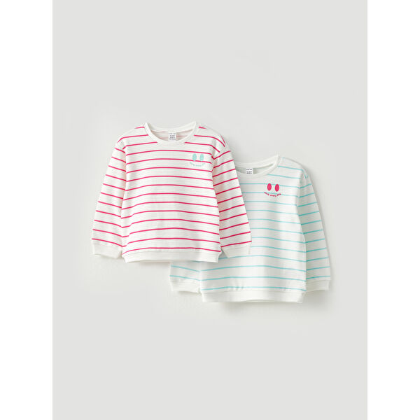 Bisiklet Yaka Uzun Kollu Çizgili Kız Bebek Sweatshirt 2'li