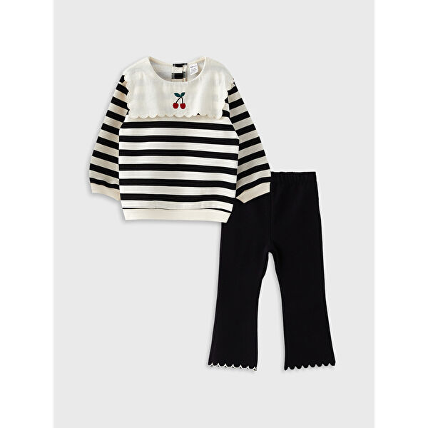 Bisiklet Yaka Uzun Kollu Çizgili Kız Bebek Sweatshirt ve Tayt 2'li Takım