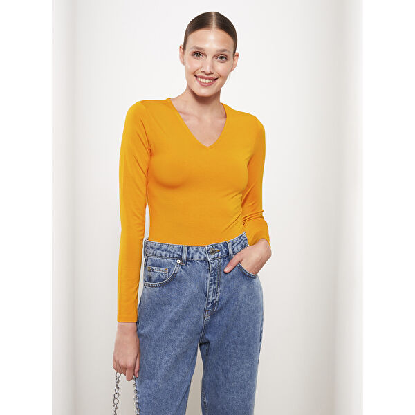 V Yaka Düz Uzun Kollu Kadın Çıtçıtlı Body