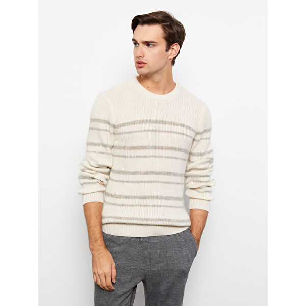 Bisiklet Yaka Uzun Kollu Çizgili Erkek Triko Kazak Bisiklet Yaka Uzun Kollu Çizgili Erkek Triko Kazak