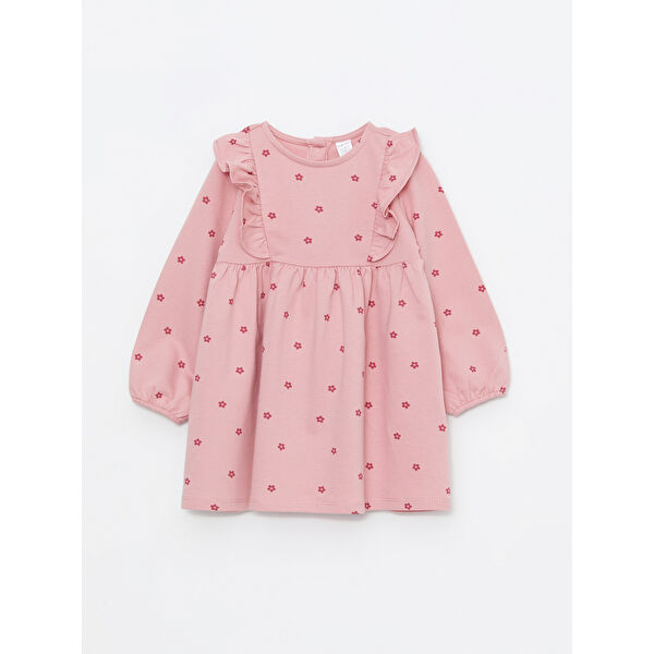 Bisiklet Yaka Uzun Kollu Baskılı Kız Bebek Elbise