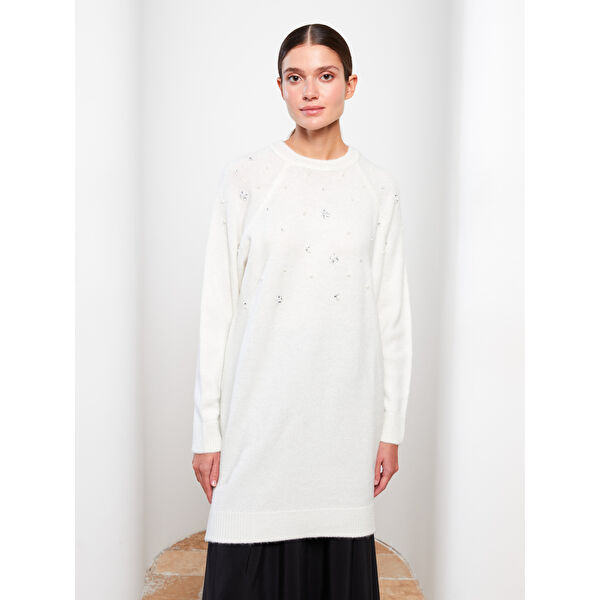 Bisiklet Yaka Taş İşlemeli Uzun Kollu Kadın Triko Tunik Bisiklet Yaka Taş İşlemeli Uzun Kollu Kadın Triko Tunik