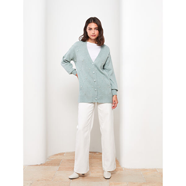 V Yaka İnci Detaylı Uzun Kollu Kadın Triko Hırka