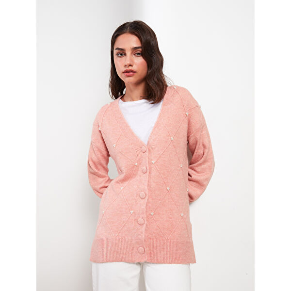 V Yaka İnci Detaylı Uzun Kollu Kadın Triko Hırka