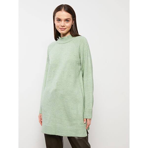 Dik Yaka Pul Payetli Uzun Kollu Kadın Triko Tunik