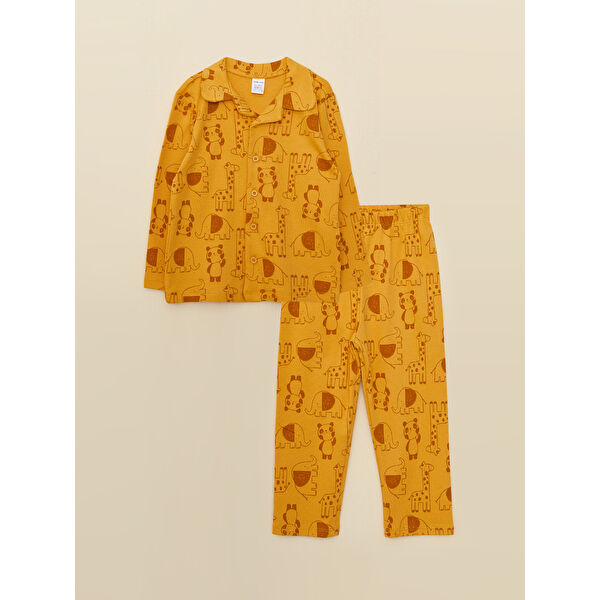 Polo Yaka Uzun Kollu Baskılı Erkek Bebek Pijama Takımı 2'li