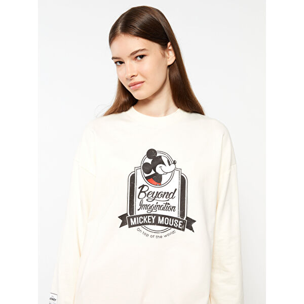 Bisiklet Yaka Mickey Mouse Baskılı Uzun Kollu Oversize Kadın Tunik
