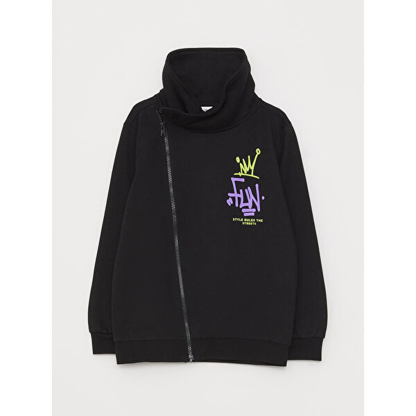 Dik Yaka Baskılı Uzun Kollu Erkek Çocuk Fermuarlı Sweatshirt