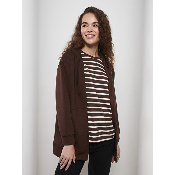 Kapüşonlu Düz Uzun Kollu Oversize Kadın Spor Hırka Kapüşonlu Düz Uzun Kollu Oversize Kadın Spor Hırka