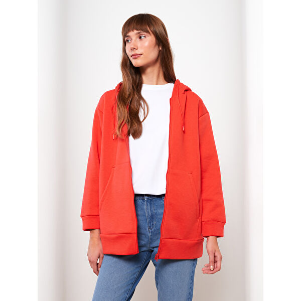 Kapüşonlu Düz Uzun Kollu Oversize Kadın Spor Hırka Kapüşonlu Düz Uzun Kollu Oversize Kadın Spor Hırka