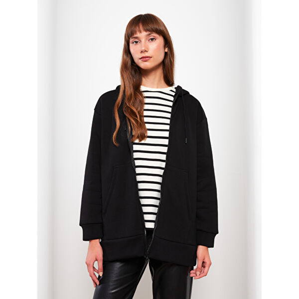 Kapüşonlu Düz Uzun Kollu Oversize Kadın Spor Hırka Kapüşonlu Düz Uzun Kollu Oversize Kadın Spor Hırka