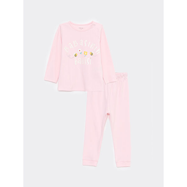 Bisiklet Yaka Uzun Kollu Baskılı Pamuklu Kız Bebek Pijama Takımı