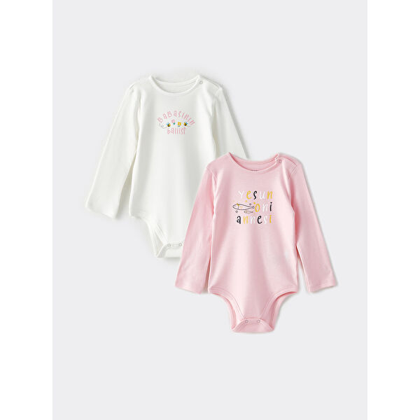 Bisiklet Yaka Uzun Kollu Baskılı Pamuklu Kız Bebek Çıtçıtlı Body 2'li