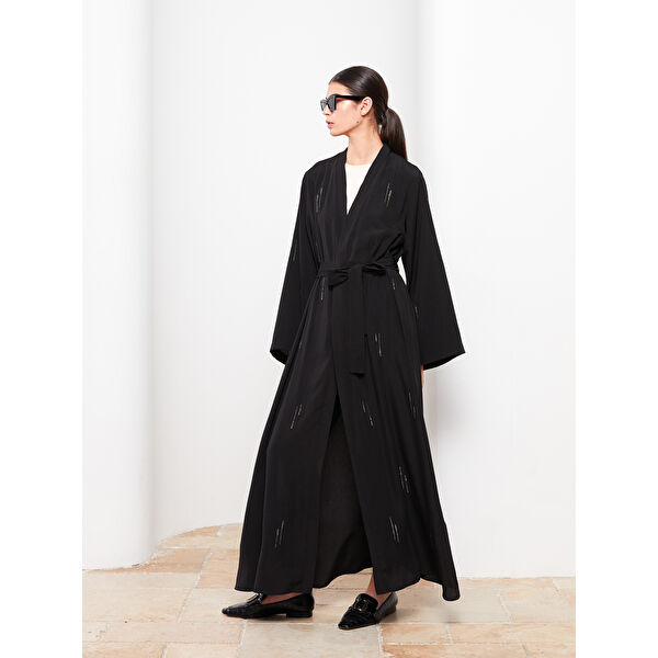 Şal Yaka Taş Baskılı Uzun Kollu Kadın Kimono