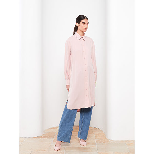 Gömlek Yaka Düz Uzun Kollu Viskon Kadın Tunik