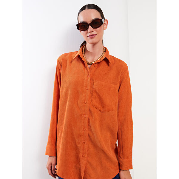 Gömlek Yaka Düz Uzun Kollu Kadife Kadın Tunik