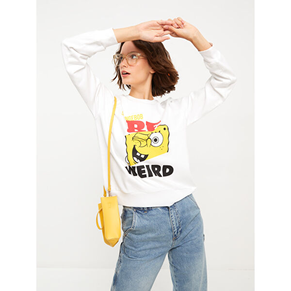 Bisiklet Yaka Sünger Bob Baskılı Uzun Kollu Kadın Sweatshirt